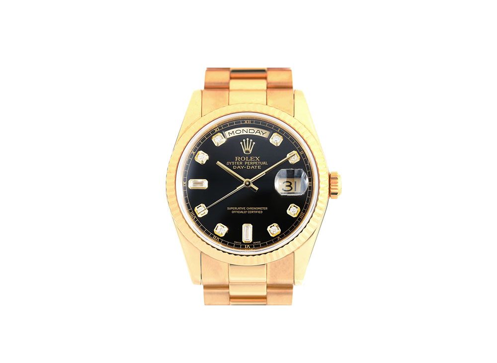 ROLEX Daydate 8P Diamonds/2P Baguette Diamonds "Black/Yellow Gold ...
