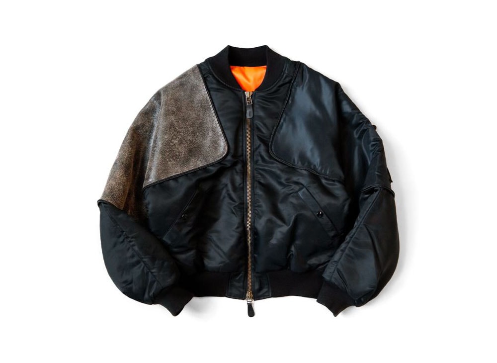 KAPITAL MA-1 Nylon Crack Leather Sham Bomber Jacket "Black" | SNKRDUNK